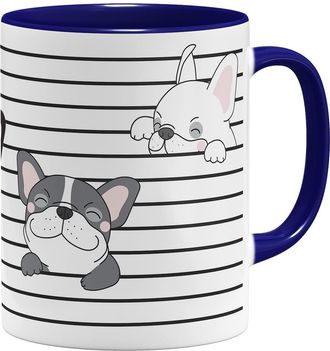 OM3 s&uuml;&szlig;e Kaffeetasse mit French Bulldog Kaffee-Tasse mit Hundemotiv Hund Franz&ouml;sische Bulldogge | Keramik Becher | 11oz 325ml | Rundumdruck | Dunkelblau