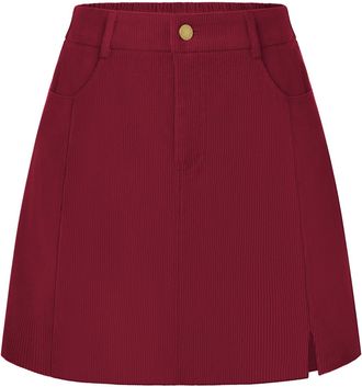 Belle Poque Cordrock Damen Minirock Hoch Tailliert A-Linie Wickelrock Kurzer Cordrock mit Taschen Herbst Winterrock Wein 2XL