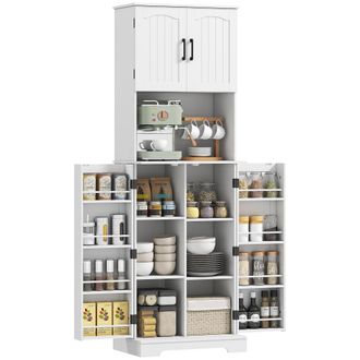 HOMCOM Highboard K&uuml;che, K&uuml;chenschrank, Geschirrschrank, 4 T&uuml;ren, Arbeitsplatte, 8 Gew&uuml;rzhalter und verstellbare Regale, Aufbewahrungsm&ouml;bel f&uuml;r Wohnzimmer, Es