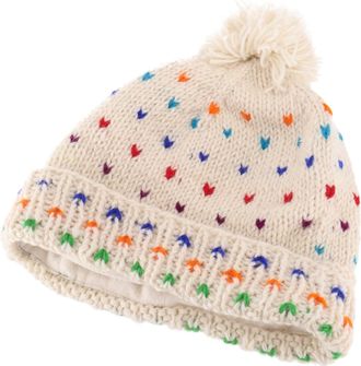 Guru Shop Beanie M&uuml;tze, Bommelm&uuml;tze aus Nepal, Bunte Wollm&uuml;tze, Schurwolle - Wei&szlig;/Regenbogen, Herren/Damen