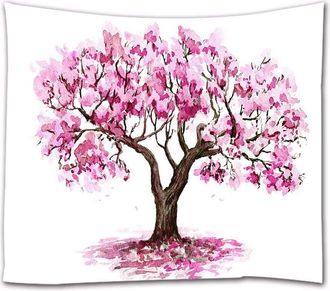 A.Monamour Wandteppiche Rosa Kirschblütenbaum Sakura Zeichnung Skizze Aquarell Abstrakt Hintergrund Drucken Boho Hippie Mandala Wandbehang Tapisserie Wandkunst D