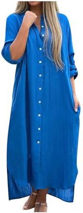 Generic Robe longue plissée en lin avec col en V pour femme, coupe décontractée, pour lautomne et lété 2024, Q-72 Bleu roi, XXXL