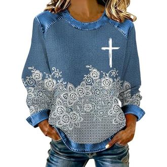 Generic Sweats chr&eacute;tiens pour femme tendance religieuse foi J&eacute;sus croix graphique tops gaufr&eacute;s denim patchwork pulls surdimensionn&eacute;s l&eacute;gers blocs de couleurs 