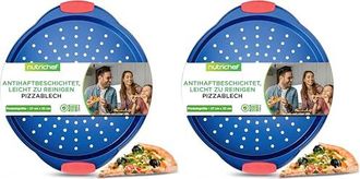 Nutrichef Pizzablech Blau &Oslash; 32 cm - Rund, Gelocht, Antihaft, Carbonstahl Pizzaform mit Silikongriff | Sp&uuml;lmaschinengeeignet & BPA-frei (Packung mit 2)