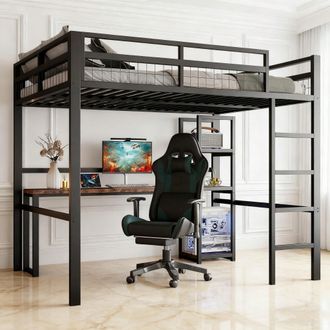 Generic Hochbett 140x200 cm in Schwarz | Eisenrahmen mit Einlegeböden & Schreibtisch | Steckdose+USB-C & Sicherheitsgeländer | Mit Trittleiter ohne Matratze (