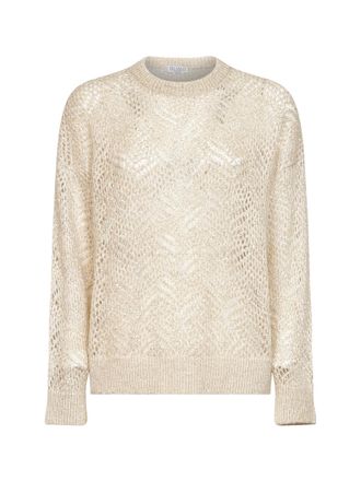 Brunello Cucinelli Openwork Leaf Knit with Sequins Sweater - Beige