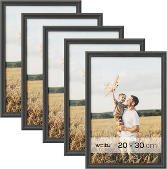 Woltu Lot de 5 Cadre Photo 20x30cm Cadre en Bois Massif avec Passe Partout, Suspendre Horizontalement ou Verticalement, D&eacute;coration Murale ou sur Table, Noir