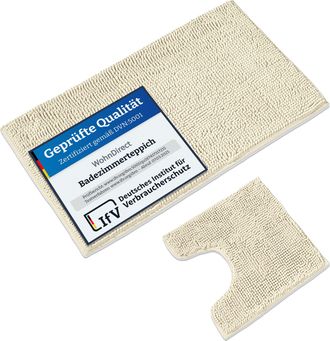 WohnDirect Badematten Set 2 teilig Creme - WC Vorleger (45x45cm), Badematte (70x120cm) - rutschfest waschbar Badezimmerteppich MIT WC-Ausschnitt
