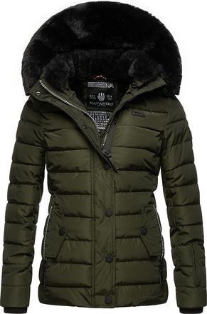 Navahoo Damen warme Winter Steppjacke mit Abnehmbarer Kunstfell-Kapuze Milianaa Olive Gr. XS