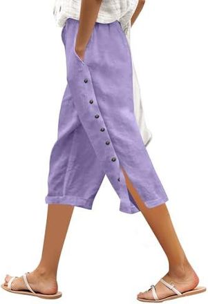 Generic Pantalon 3/4 décontracté fonctionnel pour femme avec taille élastique et bouton latéral, violet clair, XXL