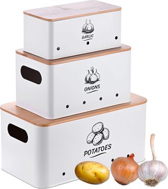 Relaxdays Aufbewahrungsbox 3er Set, Kartoffeln, Zwiebeln, Knoblauch, Gem&uuml;sebox Deckel, Vorratsdose K&uuml;che, Metall, wei&szlig;