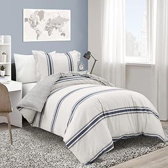 Lush D&eacute;cor Farmhouse Stripe Back to Campus Bettbezug-Set, 100% Baumwolle, 2-teilig, Twin-XL, Marineblau
