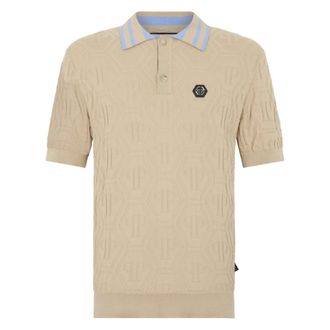 Philipp Plein Gestricktes Polo-T-Shirt Jacquard Monogramm - - Tops - Herren - Beige - XL