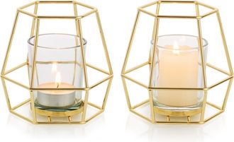 Nuptio Nuptio Geometrische Teelichthalter Gold - 2 Stück Kerzenhalter für Stumpenkerzen mit Votivglas Kerzenhalter Teelicht Kerzenhalter Set Tischdekoration 