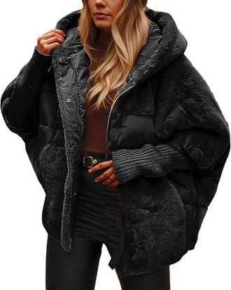 Generic Doudoune surdimensionn&eacute;e pour femme, veste en duvet polaire l&eacute;g&egrave;re &agrave; capuche patchwork manteaux dhiver chauds, Noir, XXL