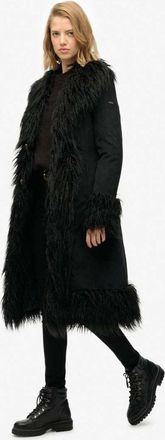Superdry Langer Mantel in Schwarz mit zotteligem Besatz