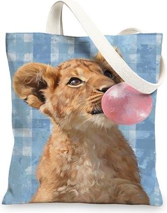 Generic Sacs fourre-tout en toile motif animal mignon, sacs dépicerie réutilisables, dessins animés amusants, légers et lavables, bandoulière en toile Ba, ble