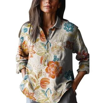 Generico Femme Chemise D&eacute;contract&eacute;e Manches Longues Chemises Coton Et Lin &Eacute;l&eacute;gant Respirant Chemisier Col en V Classique Blouse Vintage Fantaisie avec Boutons 