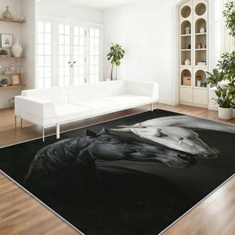 Generic Tapis &agrave; Motif Minimalisme Moderne Chevaux Grand Antid&eacute;rapant &agrave; Poils Courts Doux Chambre Poil Ras de Sol Noir Blanc, 120 x 180 cm