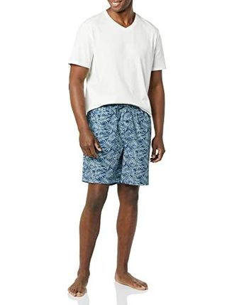 Amazon Essentials Pyjama Avec Short en Popeline de Coton et T-shirt en Coton Homme, Blanc/Bleu Palmes, XXL