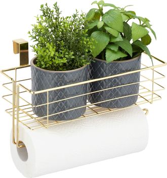 Relaxdays Einhängekorb mit Küchenrollenhalter, Aufbewahrung, Küche & Badezimmer, Drahtkorb HBT: 18 x 31 x 17 cm, gold