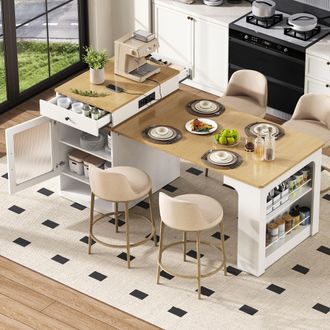 Generic Kücheninsel mit Rollen und Ausziehbarem Esstisch, Bartisch mit Abnehmbarer Tischplatte, Sideboard mit Stauraum und Steckdosen für Küche & Esszimmer, S