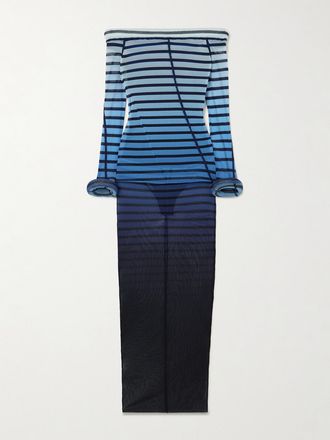 Jean Paul Gaultier Schulterfreies Maxikleid Aus Stretch-mesh Mit Streifen Und Polstern - Blau