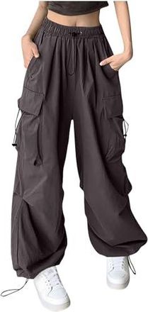 Generic Pantalon cargo pour femme - Taille haute - Jambe large - Baggy d&eacute;contract&eacute; - Pantalon de parachute Y2K Streetwear avec plusieurs poches, gris, XXL