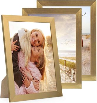 Photolini Bilderrahmen 18x24 cm Gold MDF-Holz, breite Rahmen, 3er Set, modern, bruchsicheres Acrylglas, zum Aufhängen & Aufstellen, extra Zubehör - für Ihre sti