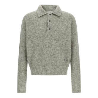 Ami Homme, Pulls, Gris, Taille: L Polo en Maille Décontractée en Mélange de Laine et Baby Alpaga Brodé