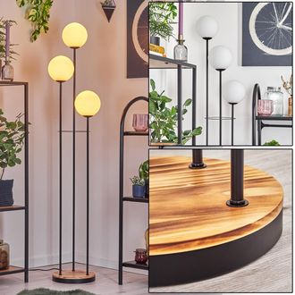 HOFSTEIN Stehleuchte Gastor, Stehlampe aus Metall/Holz/Glas in Schwarz/Hellbraun/Milchglas, moderne Leuchte im Retro/Vintage-Design (&Oslash; 15 cm), Fu&szlig;schalter, 150