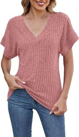 Generic Chemisier uni à manches courtes pour femme - Printemps - Couleur unie - Col en V - Ample - Décontracté - Manches courtes - Vêtements pour la vie quoti