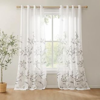 Madison Park 2 Panel Semi Sheer Curtain for Living Room Window, Lightweight Burnout Botanical Print Bedroom Curtains, Grommet Top Window Shades for Home, Machine W