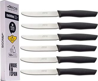 Arcos Jeu de couteaux &agrave; viande | Couteau &agrave; c&ocirc;telettes | Couteaux &agrave; viande de table | 6 pi&egrave;ces | Lame 110 mm | Acier inoxydable | Manche en nylon | Passe au 