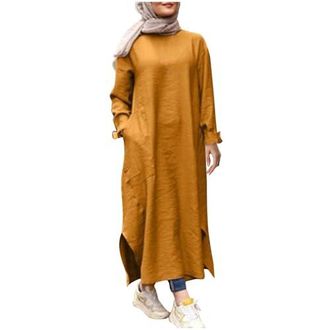 Generic Robe d&eacute;t&eacute; pour femme musulmane Abaya &agrave; manches longues avec boutonni&egrave;re - Robe d&eacute;contract&eacute;e Duba&iuml;, jaune, 3XL