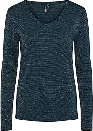 Pieces Pcbillo Ls Col en V Lurex Stripes Noos FC T-Shirt, Pond/Rayures : Or, S Femme