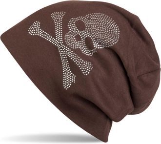 styleBREAKER Klassische Beanie M&uuml;tze mit Totenkopf Strass Applikation, Unisex 04024034, Farbe:Dunkelbraun, Materialart:warm