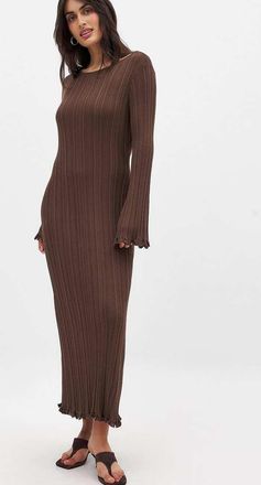 NA-KD Robe longue en maille &agrave; volants et encolure ronde - Marron
