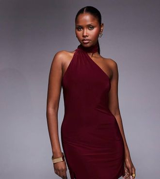 Fashionkilla Exklusiv - Anschmiegsames, doppellagiges, figurbetontes Minikleid in Burgunderrot mit Neckholder und Schal-Detail