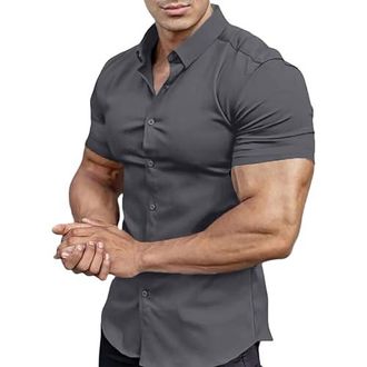 Generic Chemise habill&eacute;e coupe ajust&eacute;e pour homme, chemise daffaires &agrave; manches courtes, couleur unie, chemises formelles grande taille, hauts boutonn&eacute;s, haut 