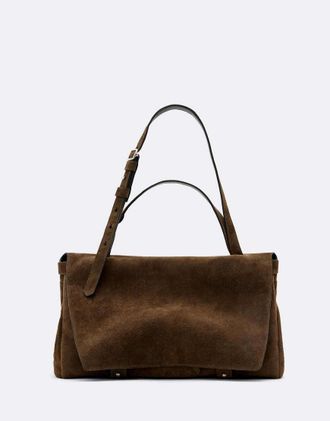 AllSaints Joan sac cartable en daim vert kaki fonc&eacute;