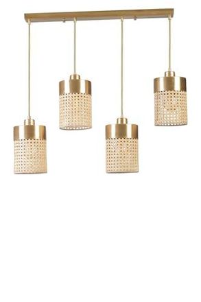 Opviq Elegant Chandelier with Metal Body & Natural Rattan Cap, Antique Coated, Adjustable Height, E27 Socket, 14 cm Diameter, 70 cm Total Height, Gold Finis