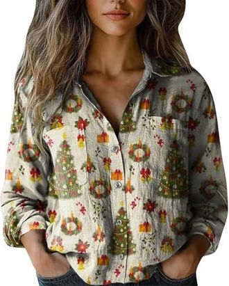 Generic Haut de Noël pour femme - Pull de Noël amusant surdimensionné à boutons - Haut à manches longues - Col en V - Arbre de Noël - Imprimé flocon de neige 