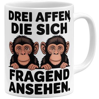 OM3 witzige Kaffee-Tasse mit Spruch - Drei Affen, die sich fragend ansehen | Keramik Becher | 325ml | Beidseitig Bedruckt | Weiss