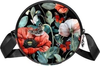 Generic Petit sac &agrave; bandouli&egrave;re circulaire pour femme, motif feuilles florales, sac &agrave; dos avec fermeture &eacute;clair, bretelles r&eacute;glables, sac &agrave; main rond d&eacute;contra