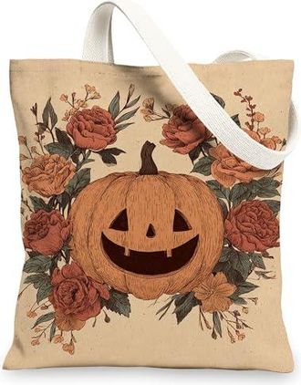 Generic Sacs fourre-tout vintage en toile de citrouille florale réutilisables et légers pour voyage, plage, pique-nique 33 x 38 cm