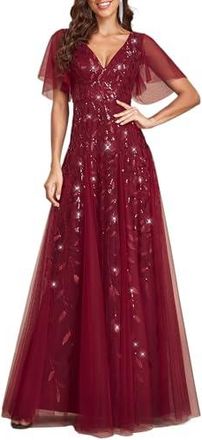 Ever-pretty Robes de Soirée Femmes Longues Manches Volants Tulle Paillettes de Feuilles Col V Chic Bordeaux 40