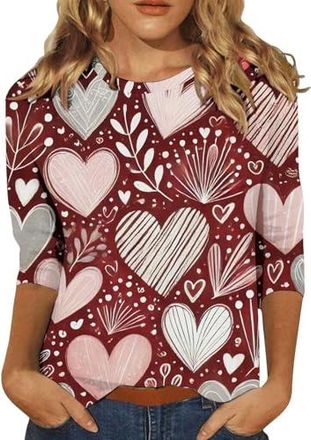 Generic Haut de Saint-Valentin 2026 pour femme avec imprimé coeur et manches 3/4 - Coupe ample - Cadeau idéal pour la vie quotidienne, Rouge, XXL