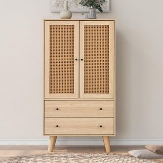 Generic Sideboard Eiche Mit Rattan T&uuml;ren 2 Schubladen Push to Open F&uuml;r Flur Wohnzimmer Als kommode Wohnzimmer kommode mit t&uuml;ren Schrank mit schubladen Rattan 