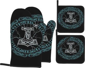 321 4 Stück Ofenhandschuhe Set Nordische Mythologie Der Wikinger Topfhandschuhe Baumwolle Backofenhandschuhe Hitzebeständige Kochhandschuhe Für Backen, Zu